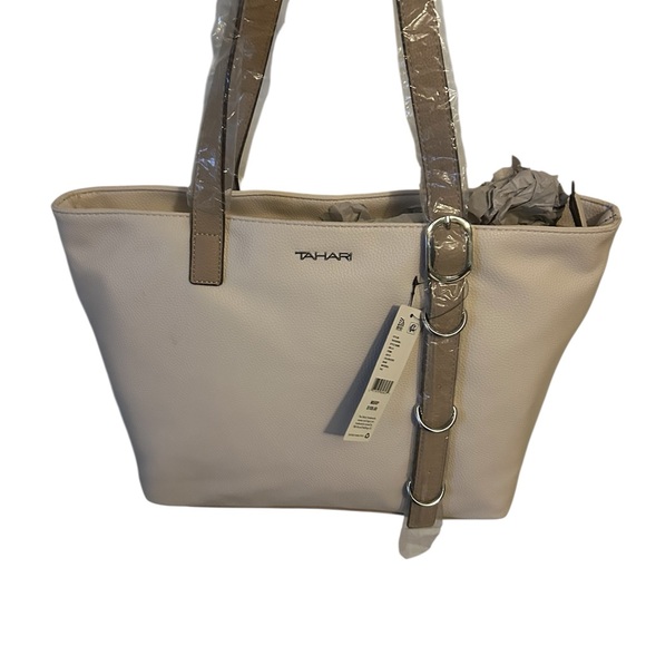 Tahari | Bags | Tahari Cream Tote Bag With Structured Design And Silver ...